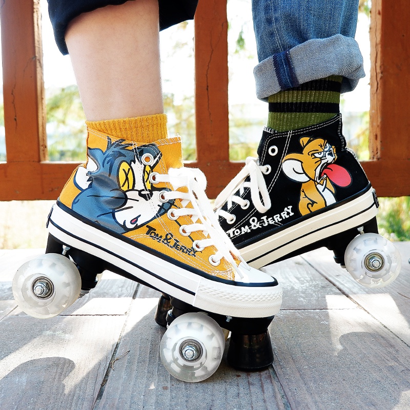 Canvas Double Row Kasut Roda Dewasa Pemula Kasut Roda Empat Roda Kilat ...