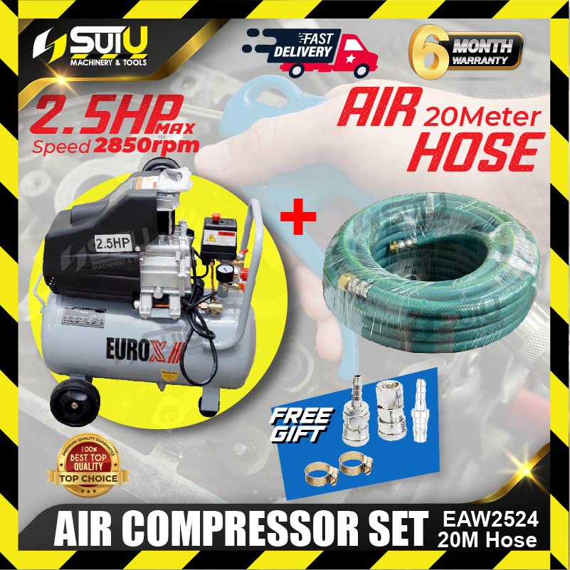 Air Compressor Set EUROX EAW2524 / EAX2524 24L 2.5HP Air Compressor 2850RPM + 8.5MM x 10M / 20M ...