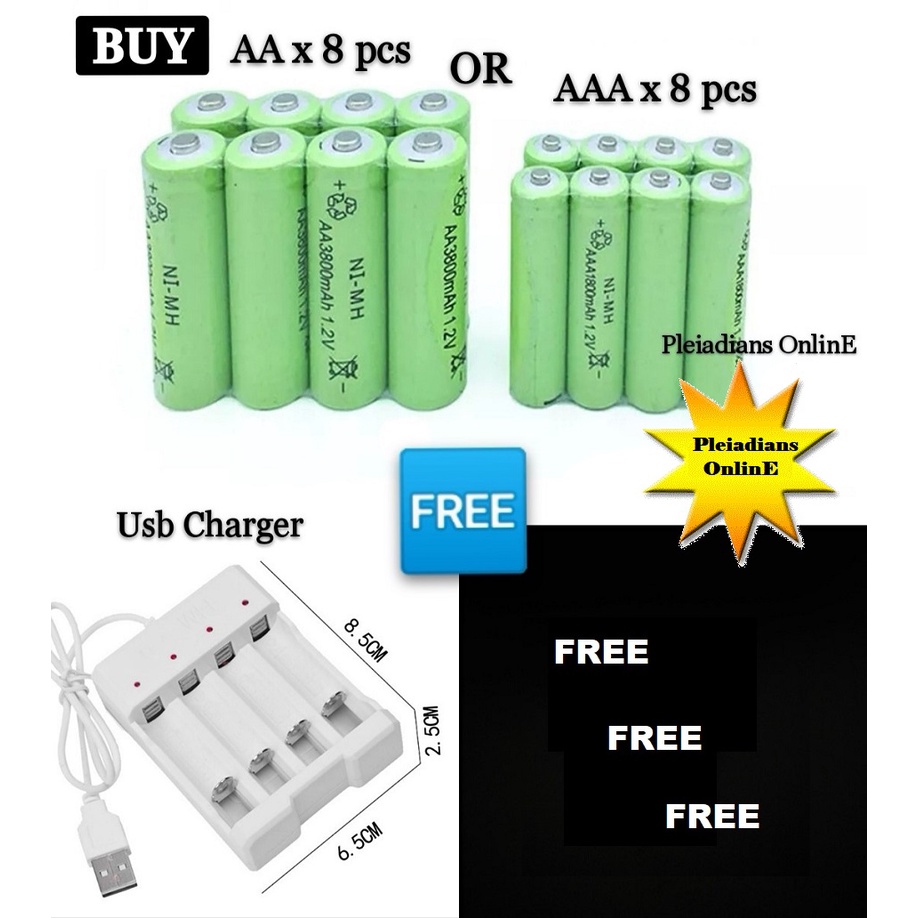 HOMIEE ( 8 Biji Percuma Charger ) AA 3800mAh AAA 1800mAh 1.2V NiMH ...