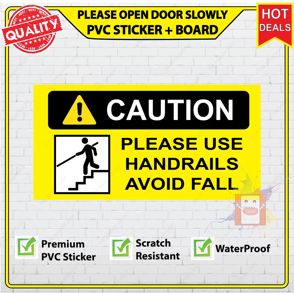 Please use handrails Avoid Fall PVC Sign Sticker + Board | Shopee Malaysia