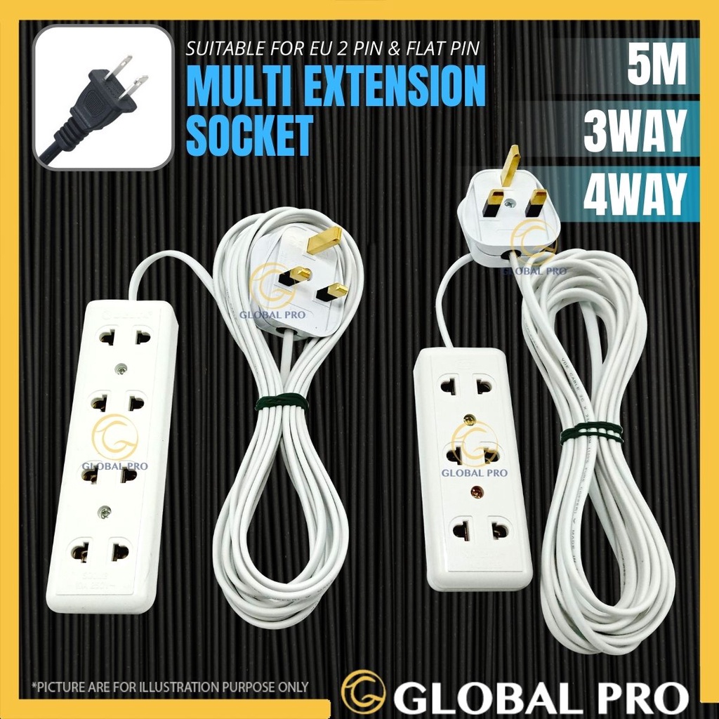 5 MTR Multisocket 2 Pin 3 / 4 Way Extension Socket Extension Plug 2 Pin ...