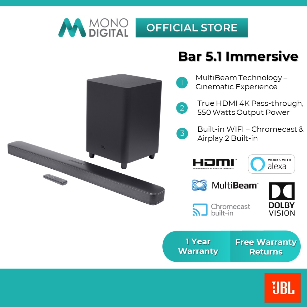 JBL Soundbar Bar 5.1 Surround Immersive Channel Soundbar with Ultra HD 4K Pass Through, Multi ...