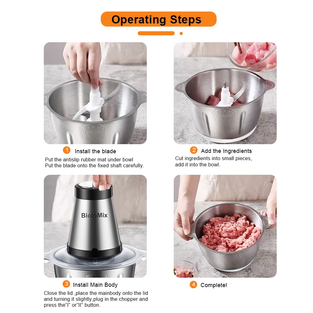 BioloMix Stainless Steel 2 Speeds Electric Food Chopper Meat Grinder with Extra Blades (2L ...