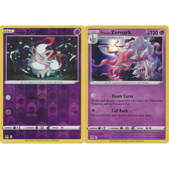 PTCG Pokemon Cards / Hisuian Zorua 075/196 / Hisuian Zoroark - 076/196 - Holo Rare - Sword ...