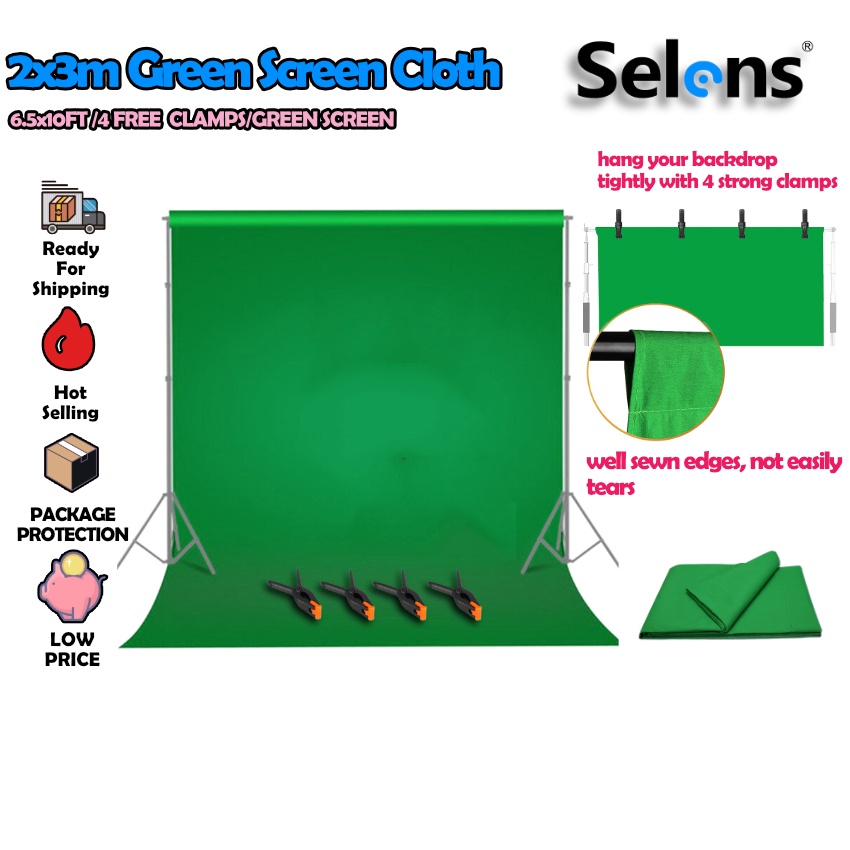 Selens Green Screen Backdrop 6.5x10ft/2x3m Background Cloth with 4 ...