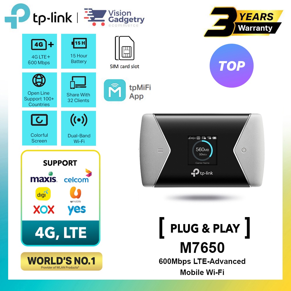 TP-Link M7650 Sim Card Mobile Mifi WiFi Router 4G+ LTE Advanced Cat.11 ...
