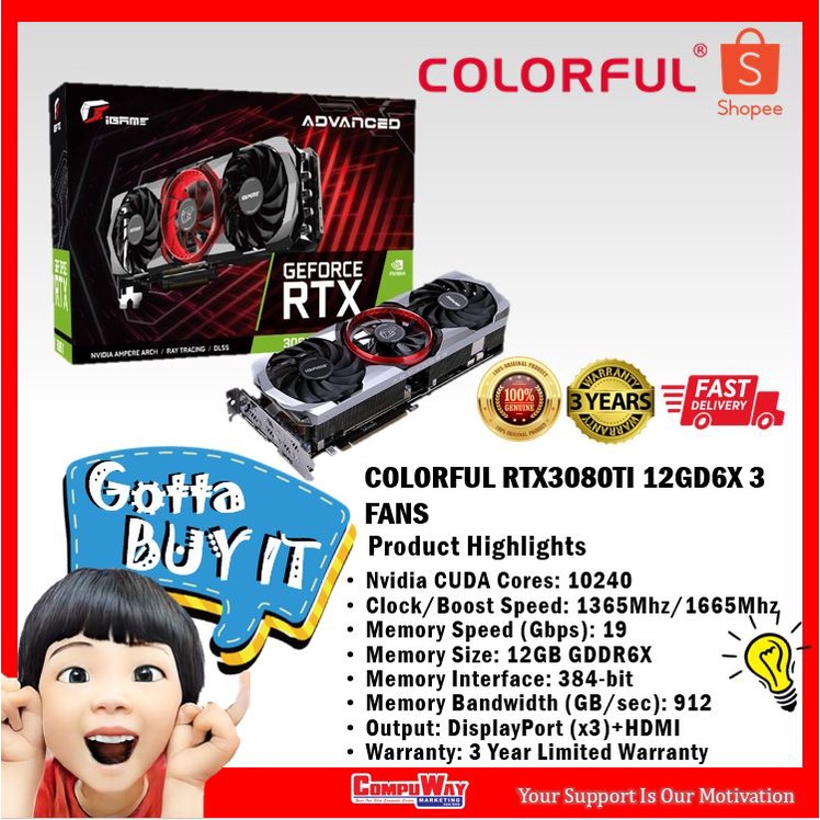 COLORFUL IGAME RTX3080TI ADVANCE OC 12GD6X (3 FAN/10240 CUDA/320 TMU ...