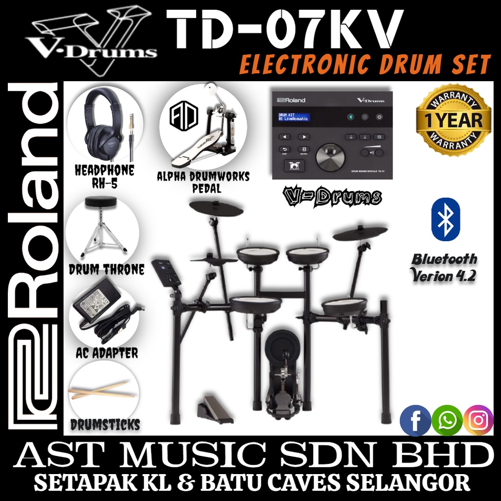 Roland V-Drums TD-07KV Electronic Drum Set with RH-5 Headphone, Kick Pedal, Throne and ...