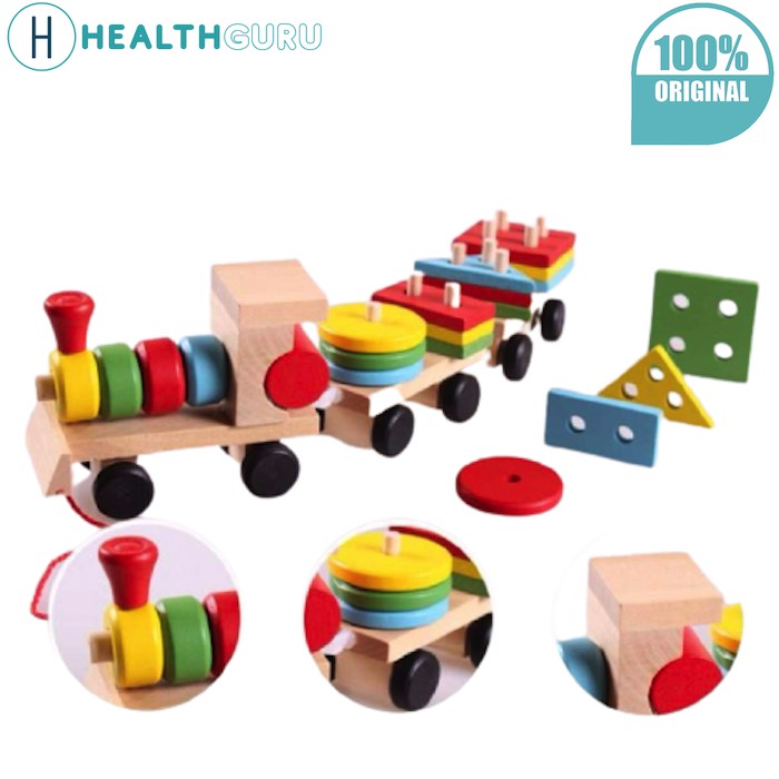 HealthGuru Wooden Train Blocks Shapes Block Builder Stacking Trains ...