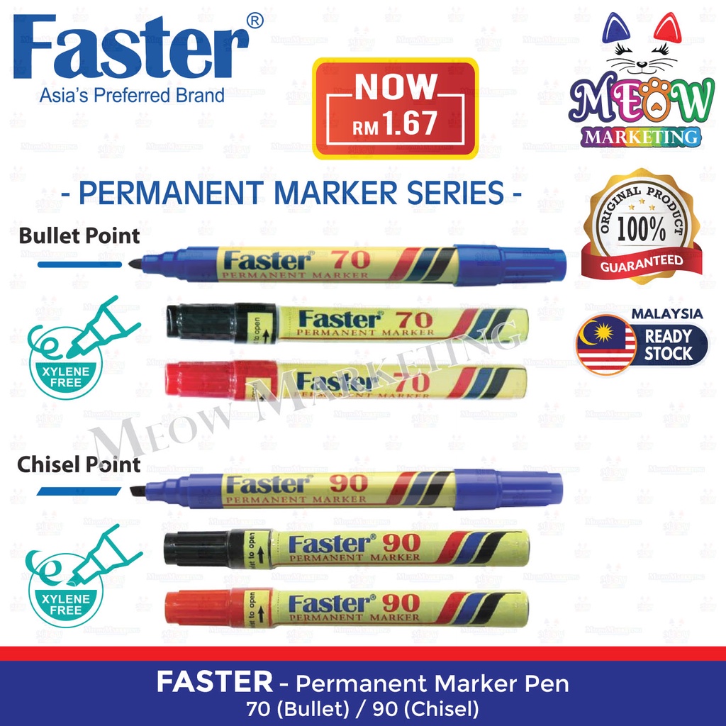 Faster 70 / 90 Permanent Marker Pen (Bullet Nib / Chisel Nib) | Shopee ...