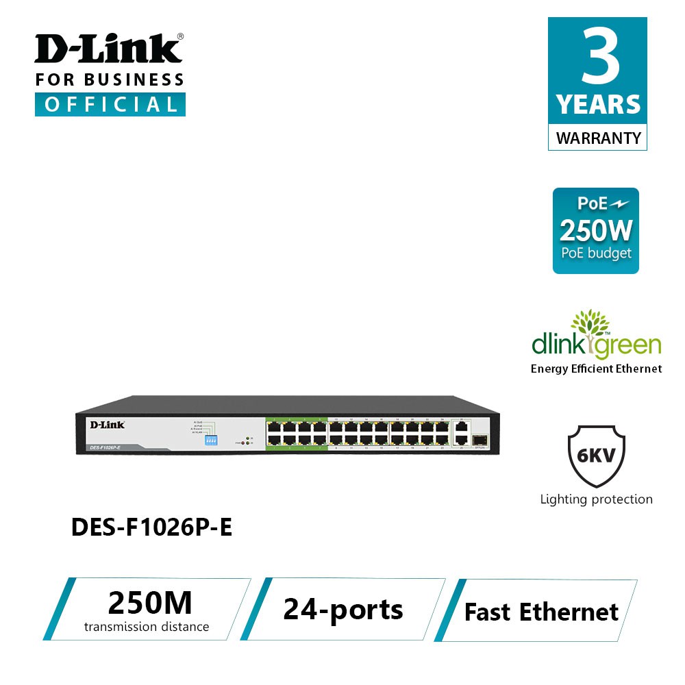 D-Link 250M 24Port network PoE Switch with 1 Uplink Port + 1 Combo Port ...