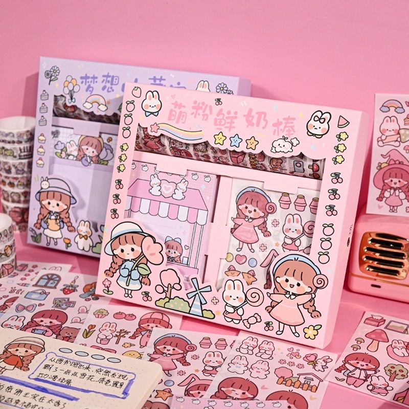 Cute Sticker Gift Box 10 Sheets - 10 Rolls Of washi tape - 30 Sheets Of ...