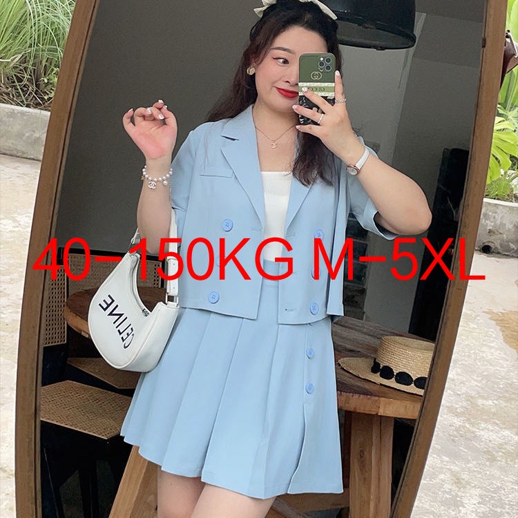 【M-5XL 40-150KG】大码女装2022夏新款短袖西装上衣胖mm显瘦百褶裙短袖西服两件套 plus size extra large size oversize fat big ...