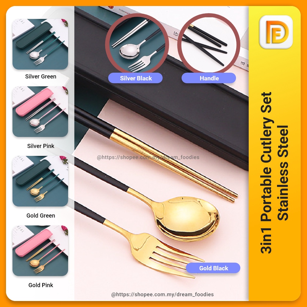 3in1 Cutlery Set Stainless Steel Utensil Spoon Fork Chopstick Set ...