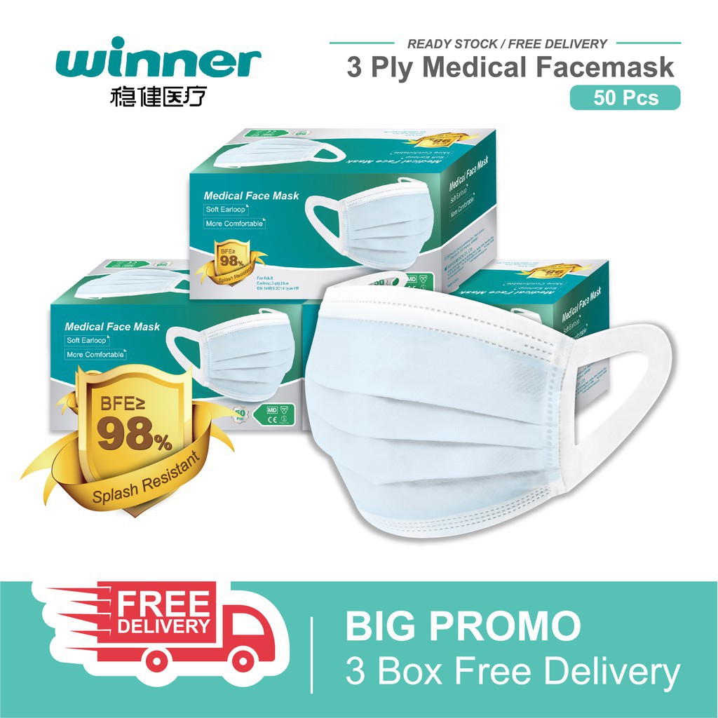 Winner Medical 3 PLY Face Mask 50pcs ( Soft Earloop ) / Normal 3 PLY ...