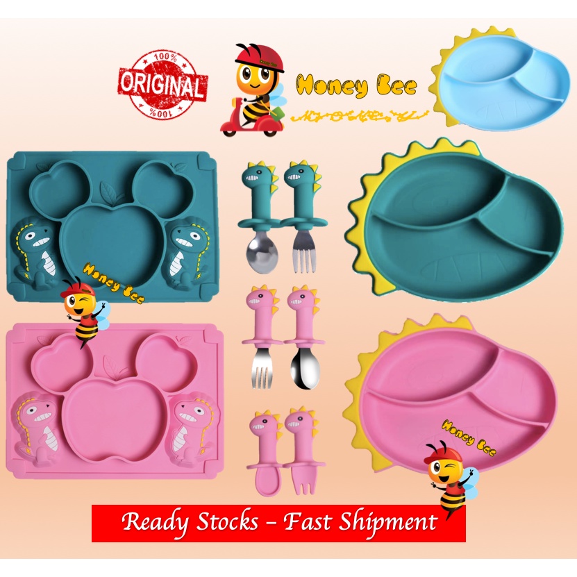 Dinosaur Silicone Plate Training Fork Spoon Set Kids Baby Toddler Boy ...