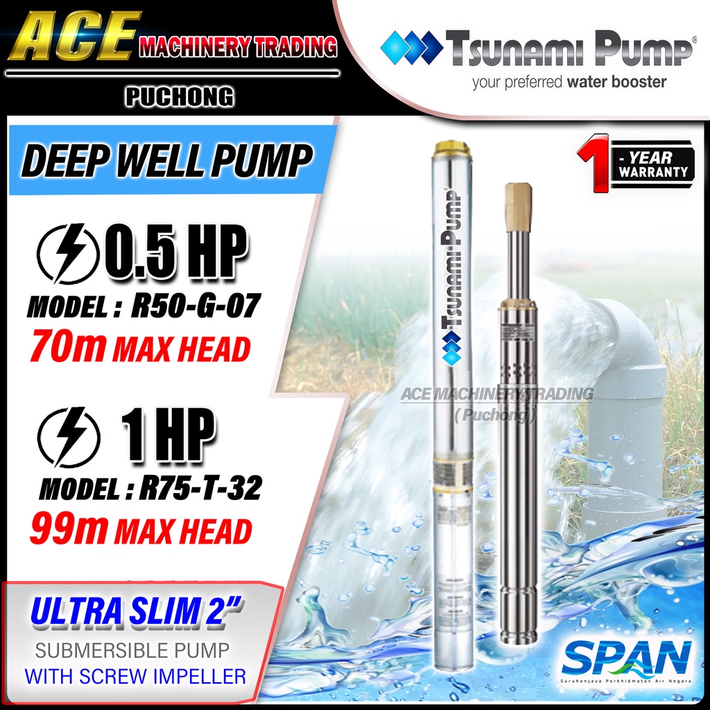 TSUNAMI PUMP Deep Well Water Pump - R50-G-07 / R75-T-32 - Bore Pump ...