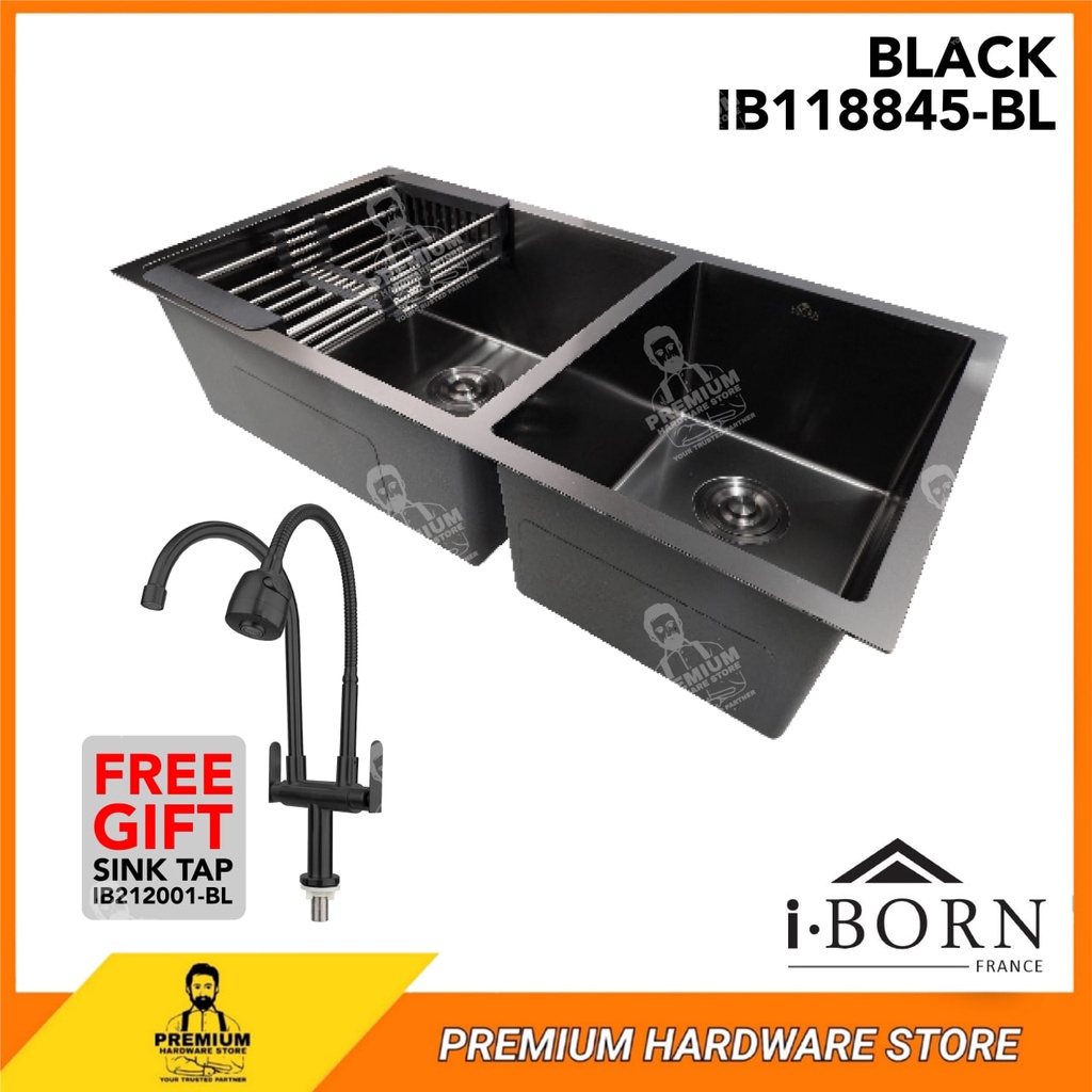 I-BORN Double Bowl Kitchen Sink IB118845-BL (Black) Stainless Steel SUS ...