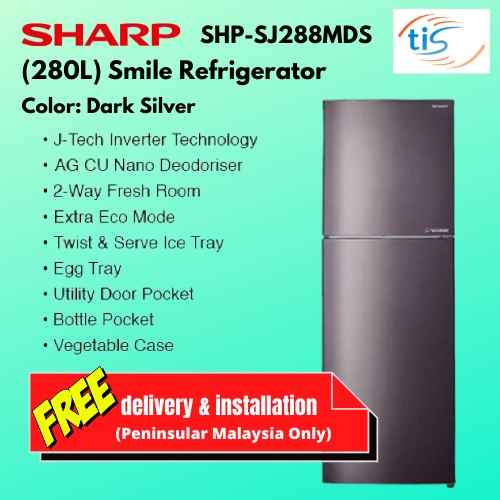 SHP-SJ288MDS | Sharp 280L J-Tech Inverter 2-Door Smile Refrigerator ...