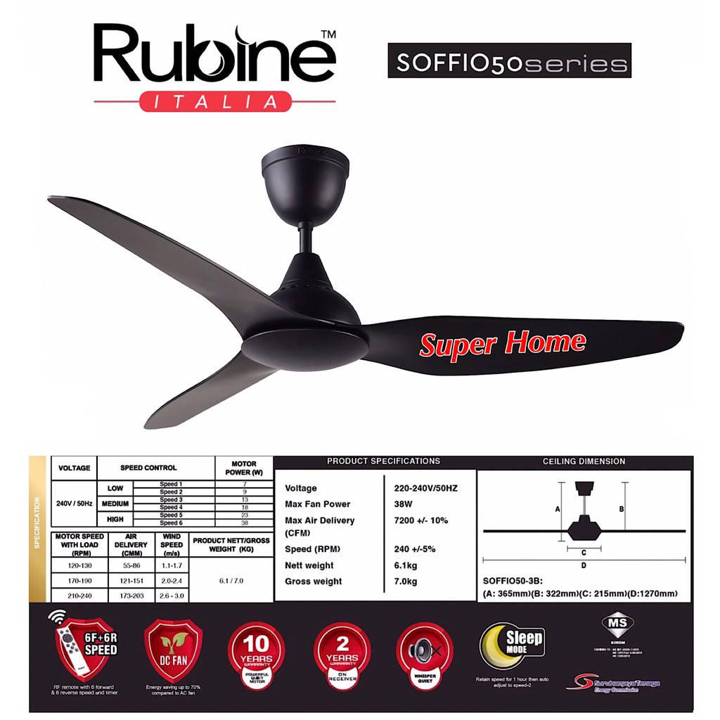 Rubine Remote Control Ceiling Fan RCF-SOFFIO50-3B-MB (Matte Black) 50 ...