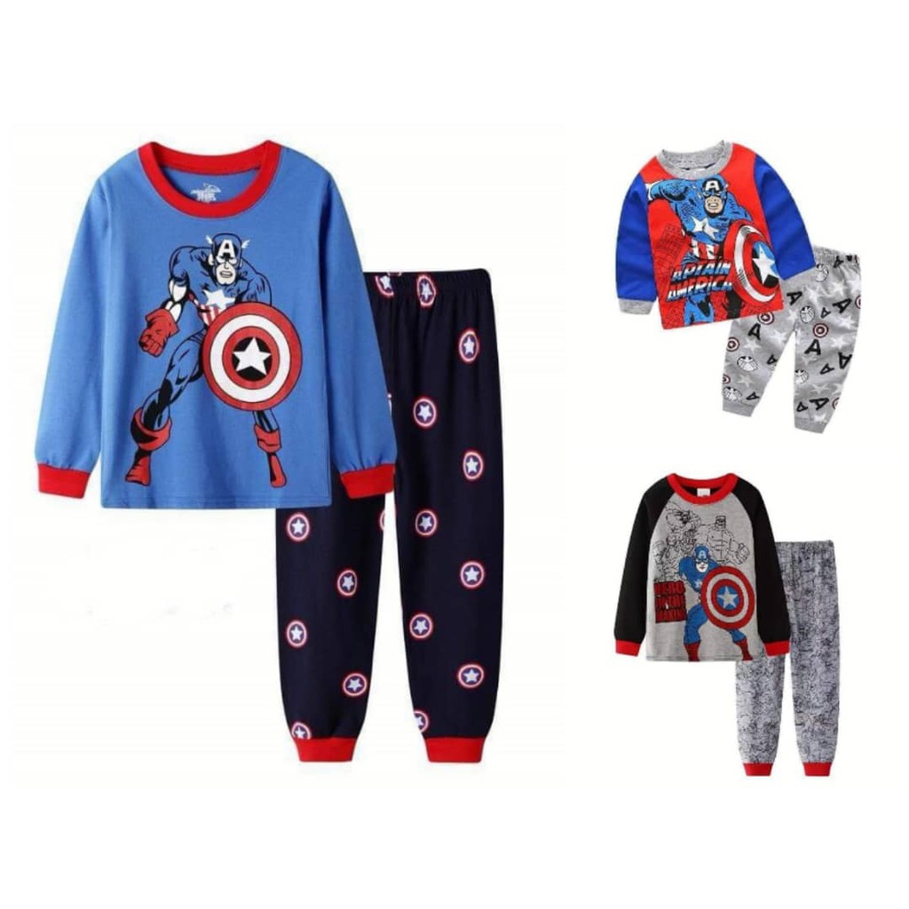 Captain America Cotton Pajamas Set 1-7y Baju Tidur Budak Lelaki Captain ...