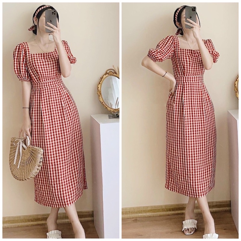 Red checkered dress with square neck and bow waist (real photo included ...