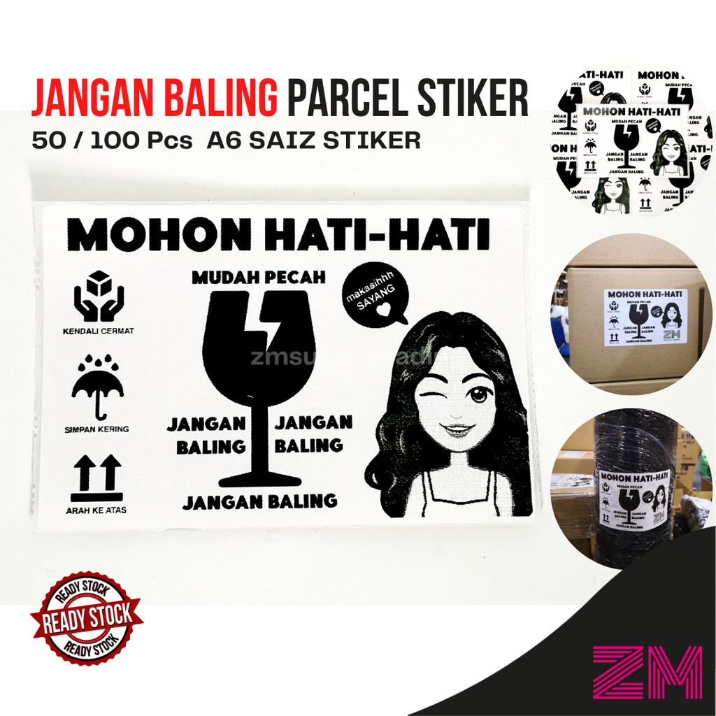 50/100 Pcs A6 Fragile Label Sticker Parcel Mudah Pecah/Jangan Baling ...