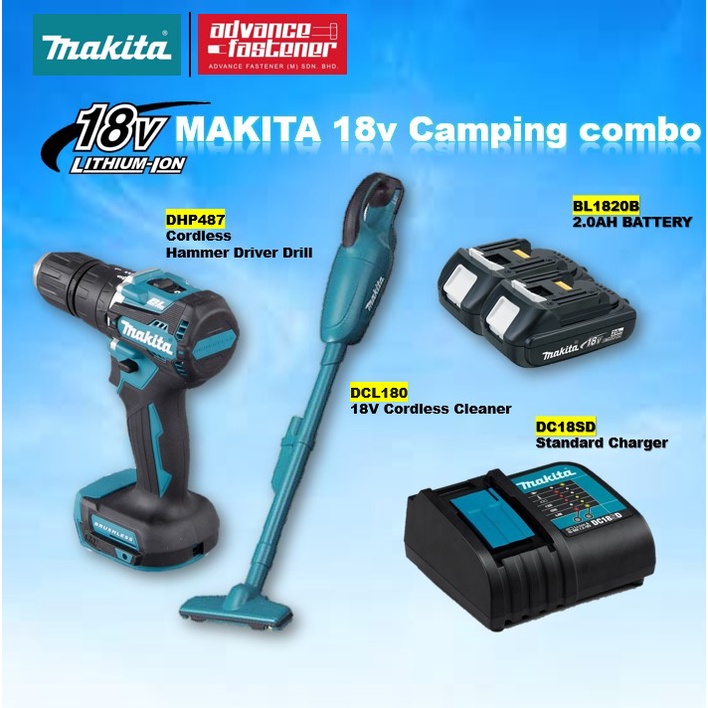 MAKITA 18V Cordless Combo Set ( DHP487 18V Cordless Hammer Driver Drill / DCL180 18V Cordless ...