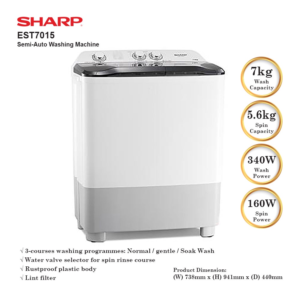 Sharp Semi Auto Washer Washing Machine Mesin Basuh Manual Washer 7.0 KG ...