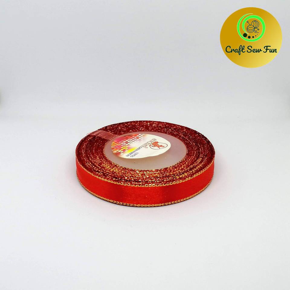 Red Color Satin Ribbon with Gold Side Edge/ Satin Reben Warna Merah ...