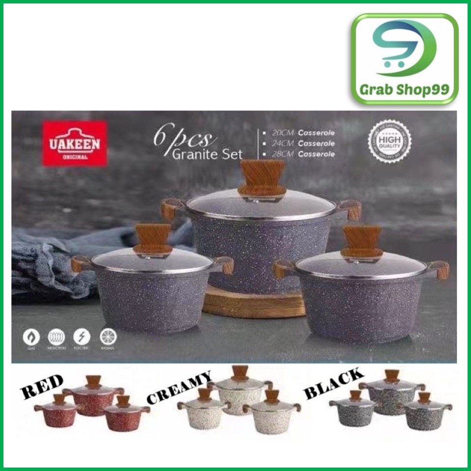 Vaken 6pcs Set Periuk Batu Granite Induction, Non-Stick (20cm/24cm/28cm ...