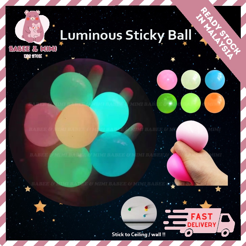 Ready Stok 45/65mm Sticky Ball Ceiling Wall Squash Ball Glow in Dark ...