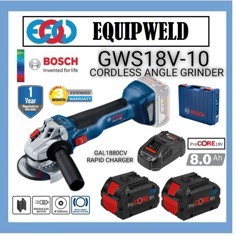 BOSCH 18V GWS18V-10 CORDLESS ANGLE GRINDER + STARTER KIT PROCORE 8.0AH ...