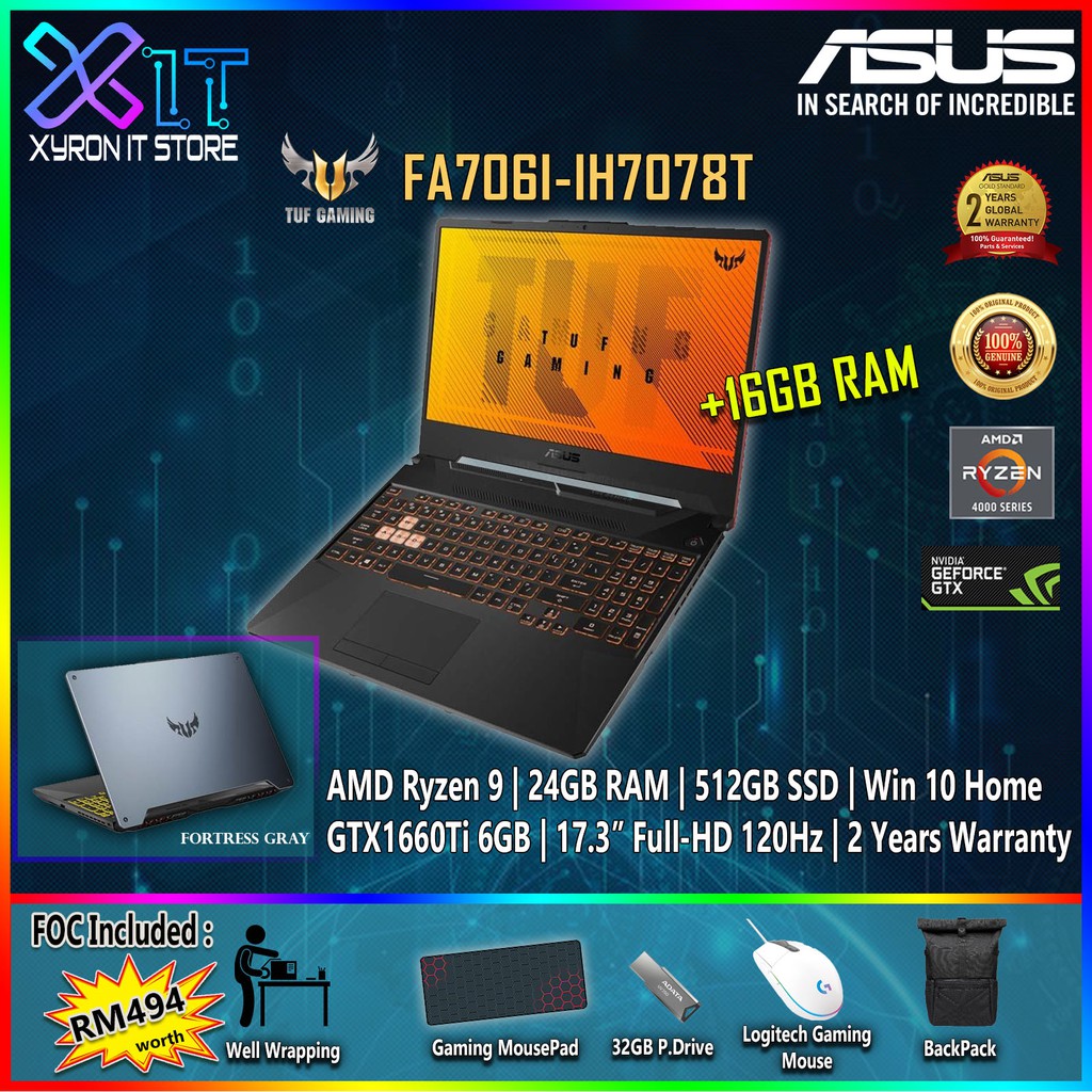 Asus TUF Gaming A17 FA706I-UH7078T (AMD Ryzen 9-4900H,8GB RAM,512GB PCIe SSD,GTX1660Ti 6GB, 17.3 ...