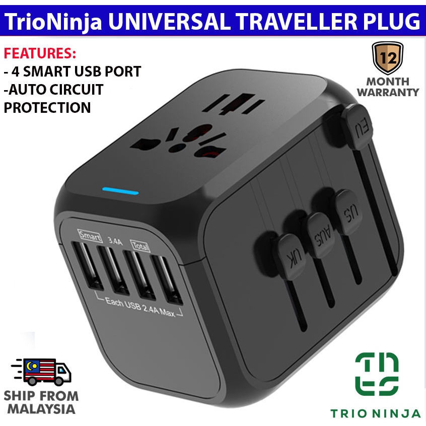 NINJA WORLDWIDE UNIVERSAL TRAVELER PLUG ADAPTER 6.3A 4 USB PORT 5V 2.4A ...