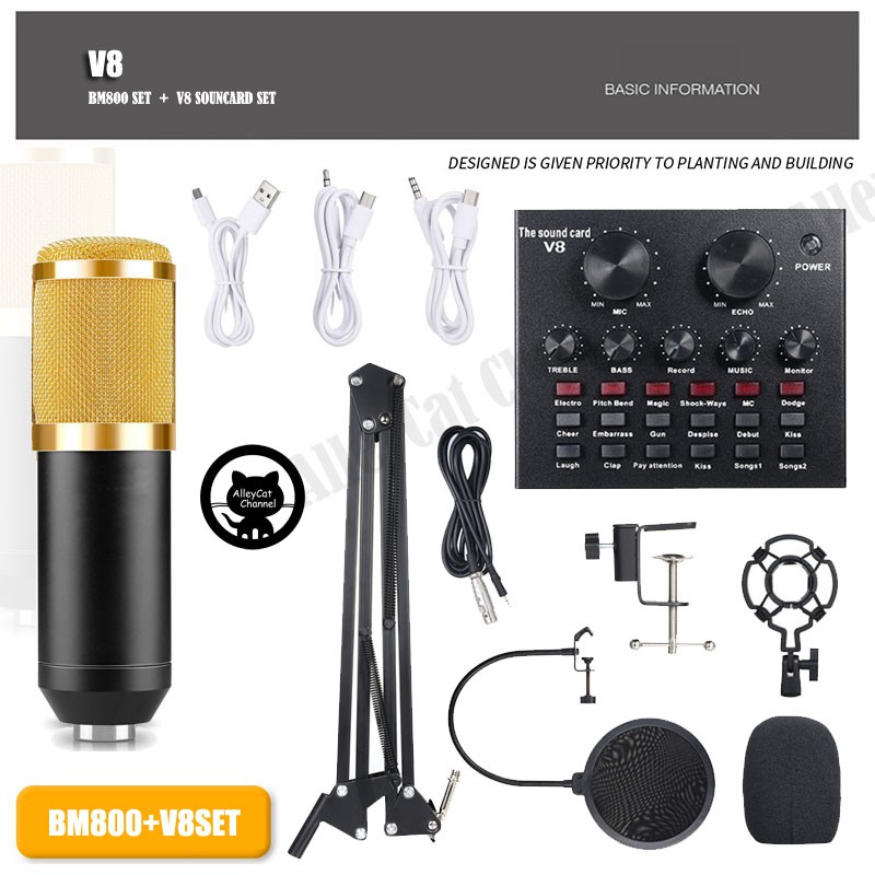 【Ready Stock】 BM800 Microphone Condenser & V8 Sound Card Recording For Radio Braodcasting ...