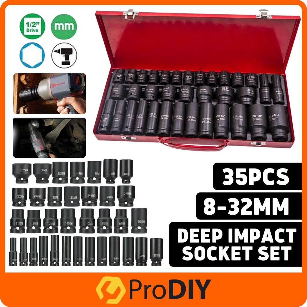 35Pcs 1/2” 8-32mm Deep Impact Ratchet Wrench Socket 1/2in Drive Metric ...
