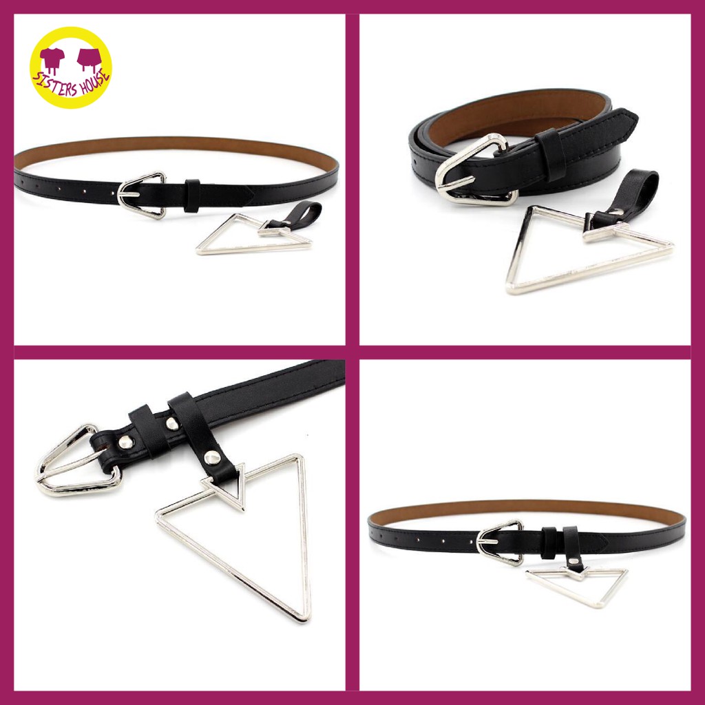 Women's Belt Black Slim Belt with Small Round Oze Triangle Buckle (Free ...