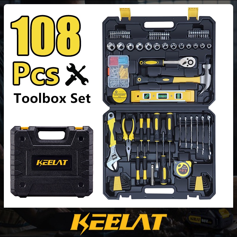 KEELAT 108 Pcs Toolbox Set Home Tool Kit For DIY and Quick Repairs Home Basic Tool Box Set Tools ...