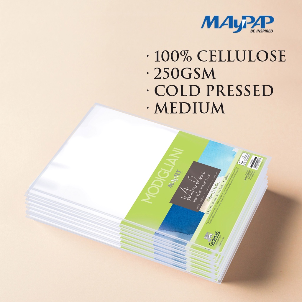 MayArt Modigliani Watercolour Paper Pack 250gsm / 100% Cellulose Cold ...