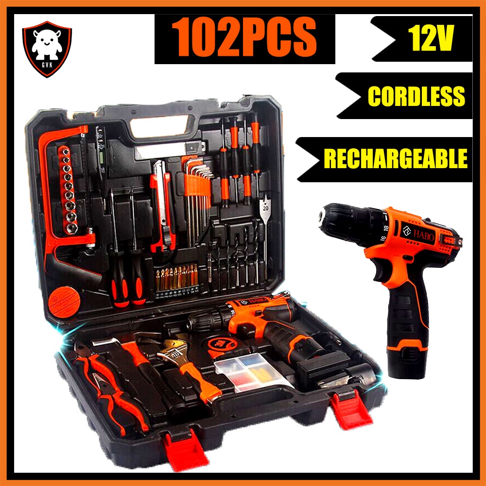 102PCS CORDLESS DRILL SET 12V Tools 1 Rechargeable Battery Plier Hammer Screwdriver Blade ...
