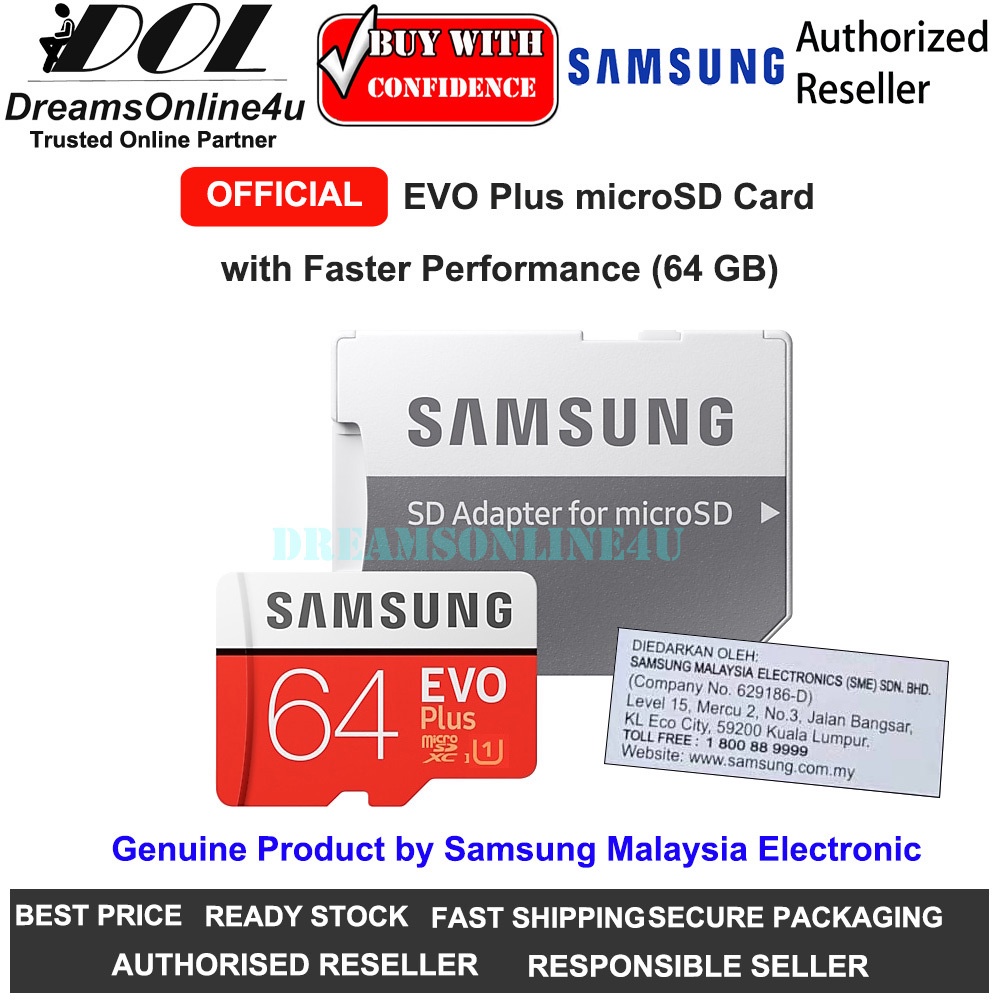 Samsung EVO Plus 64GB 100MB/s U1 Class 10 SDXC UHS-I MicroSD Memory ...