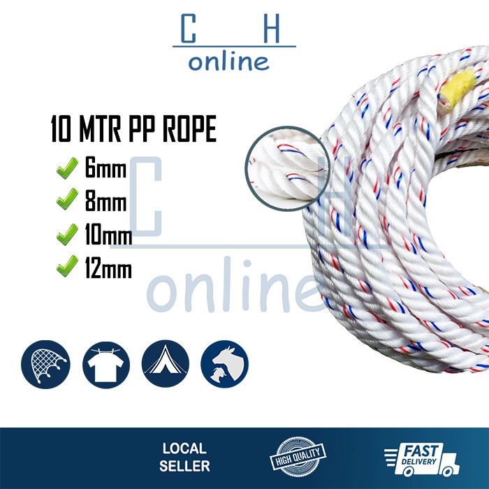 [10mtr] 6mm 8mm 10mm 12mm PP Rope/Tali PP Nylon Putih /Nylon Rope /Tali ...