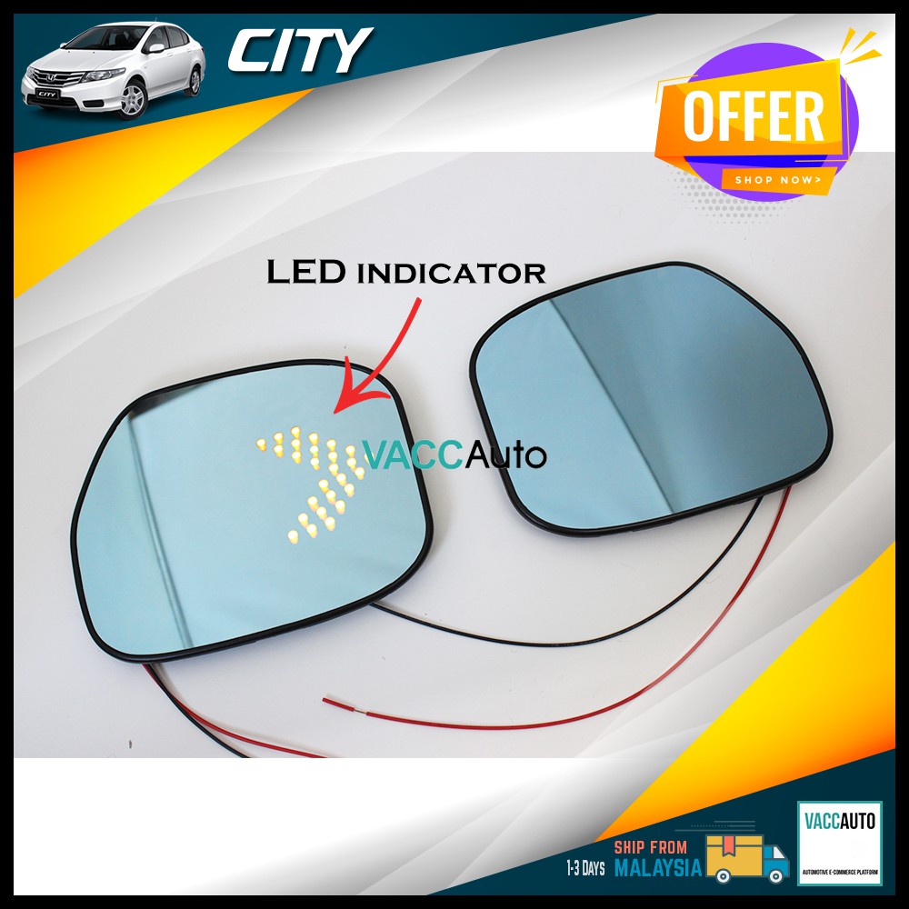 Honda City GM2 GM3 Blue Mirror With LED Signal Lamp Wide Angle Sight 2008 - 2013 TMO 5th Gen ...