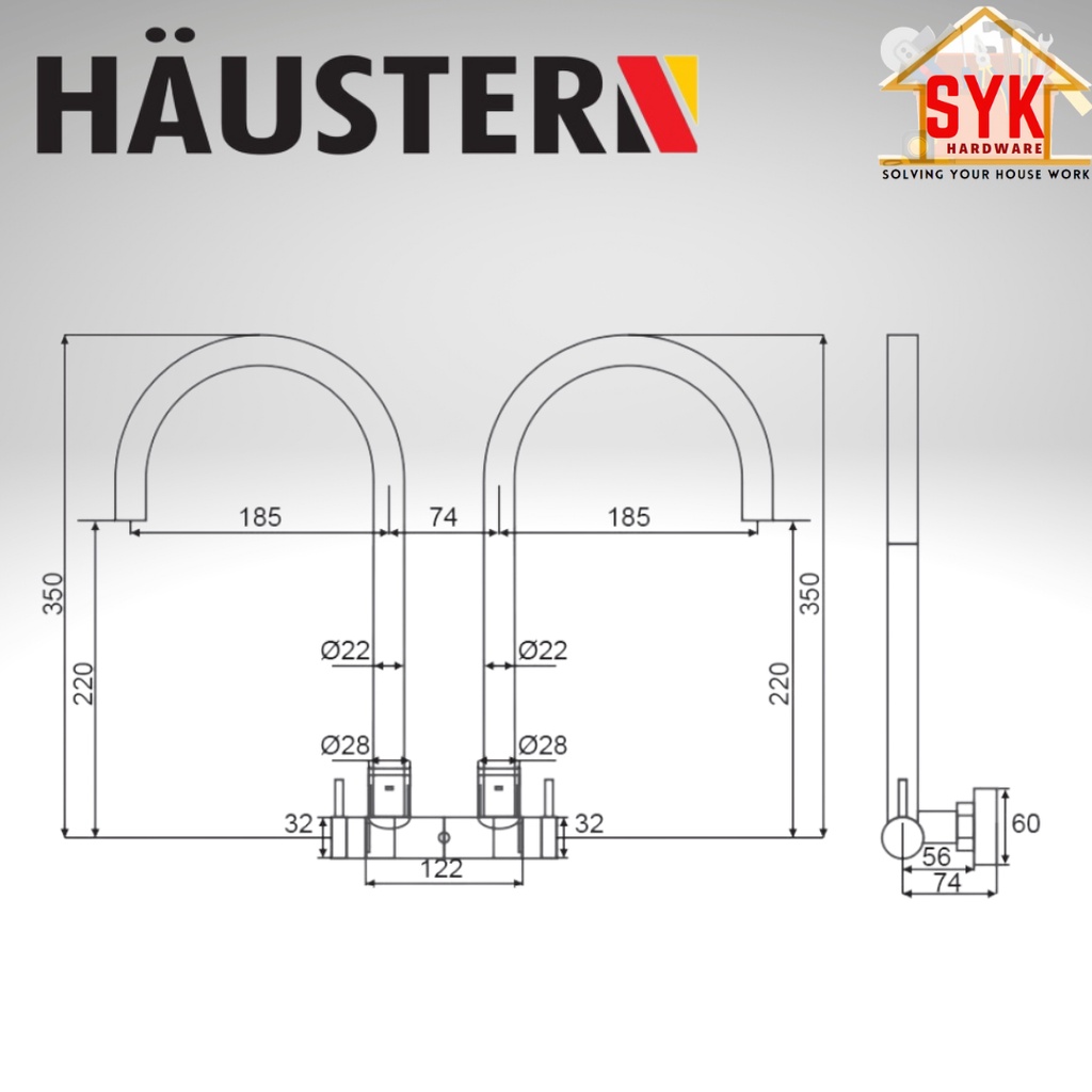 SYK RUBINE HAUSTERN HT-STIQ-502/UW-SS Double Spout Wall Sink Tap ...