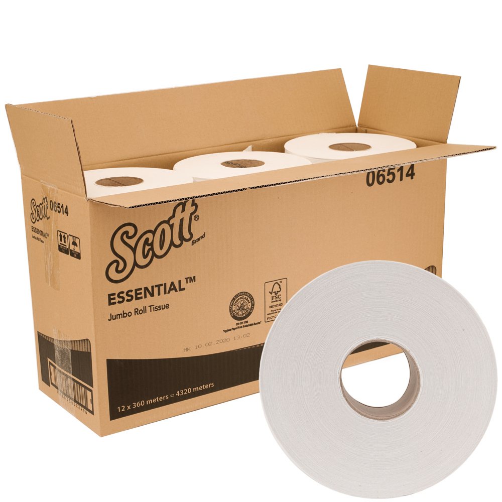 Scott Essential Jumbo Roll Toilet Tissue 06514 – White (12 roll x 360m) & 2 ply sheets | Shopee ...