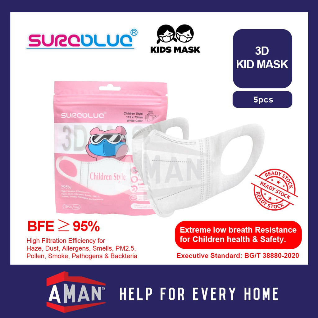 SureBlue 3Ply 3D Disposable Face Mask For Kids / Kids Mask (Ear Loop ...