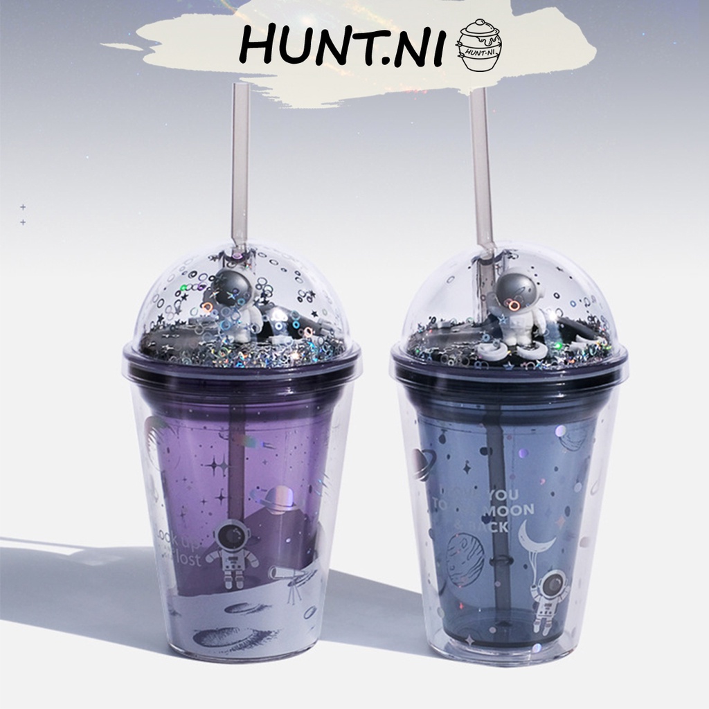 380ml Ins Double Layer Tumbler Astronaut Water Drinking Cup With Straw Bottle Reusable Plastic ...