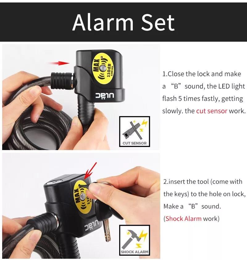 ULAC Alarm Lock For Bicycle Motorcycle Steel Cable Bike Lock Cycling ...