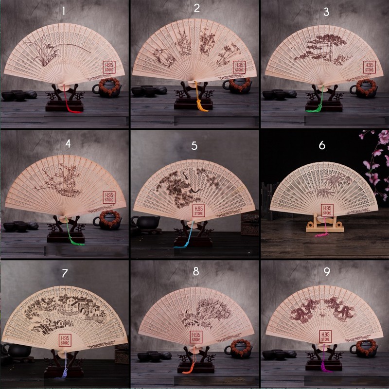 Aromatic Wood Slat Folding Fan with Engraved Patterns, ancient Chinese ...